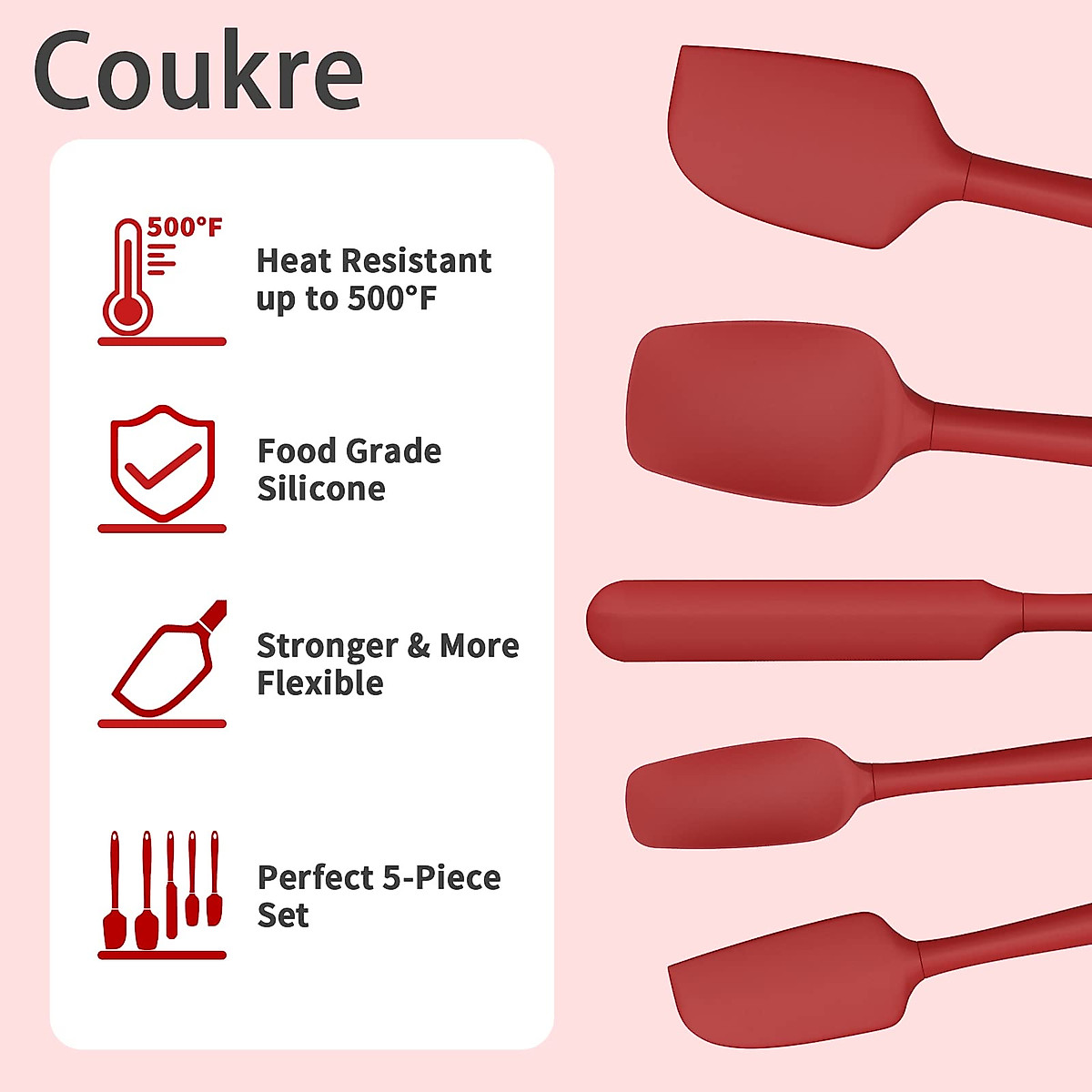 Silicone Spatula Set of 5,High Temperature Resistant, Food Grade Silicone, Dishwasher Safe, for Baking, Cooking (Pure Red)