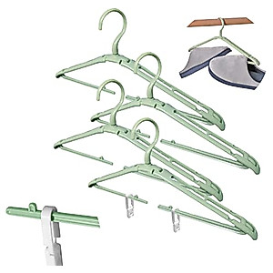 Fineget Foldable Coat Hangers with Clips Portable Travel Shorts Socks Clothes Hangers for Closet Shoes Collapsible Plastic Heavy Duty No Slip Hangers Quick Drying Green 4 PCS + 8 Clips