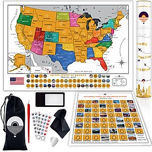 TRIPA TRIPS White Scratch off Map of United States & All 63 US National Parks Poster - Easy-to-Scratch 50 Landmarks & Flags - 24x17 Large Scratch off USA Map + Travel Map Kit - Gift for Travelers