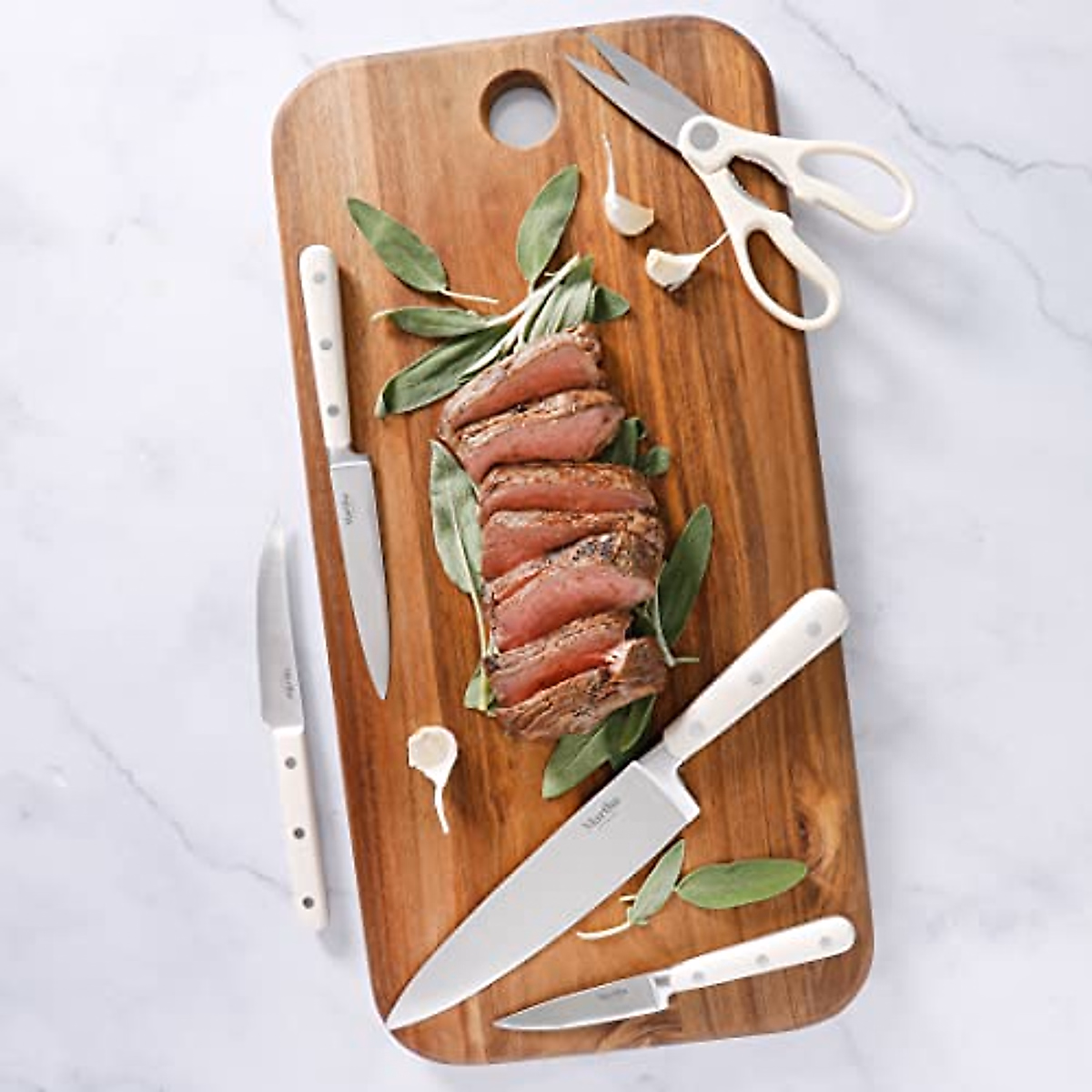 MARTHA STEWART Eastwalk 14 Piece High Carbon Stainless Steel Cutlery Knife Block Set w/ABS Triple Riveted Forged Handle Acacia Wood Block - Linen