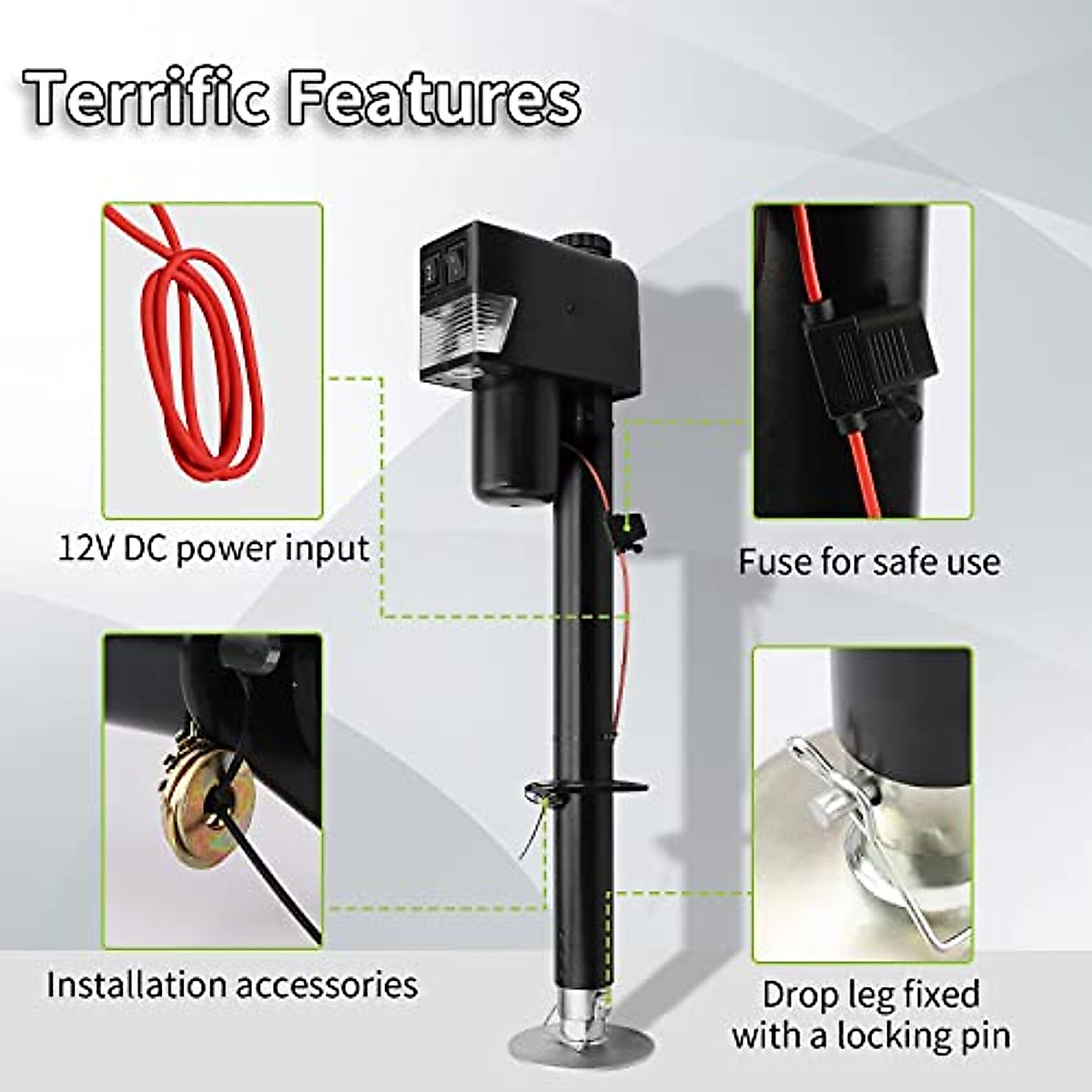 RVMATE Electric A-Frame Trailer Jack up to 3500lbs Heavy Duty RV Electric Power Tongue Jack with Accessories Manual Crank Handle and Level, 18" Lift, 12V DC and Bright LED Lights, Black