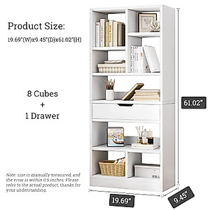 IOTXY Wooden Open Shelf Bookcase - 61" Height Free Standing Display Storage Cabinet Organizer with 8 Cubes and a Drawer, Floorstanding Bookshelf, Warm White