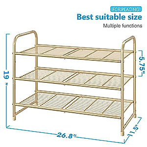 Simple Trending 3-Tier Stackable Shoe Rack, Expandable & Adjustable Shoe Shelf Storage Organizer, Wire Grid, Golden Yellow