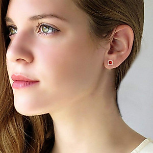 Austrian Crystal Cushion Cut Halo Stud Earrings for Women Fashion 925 Sterling Silver Hypoallergenic Jewelry (Red)