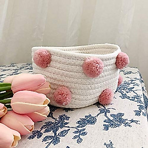 Ctzrzyt Quata Cotton Woven Storage Basket Cute Pompom Decor Sundries Finishing Box Cosmetic Toys Organizer Frame Pink S