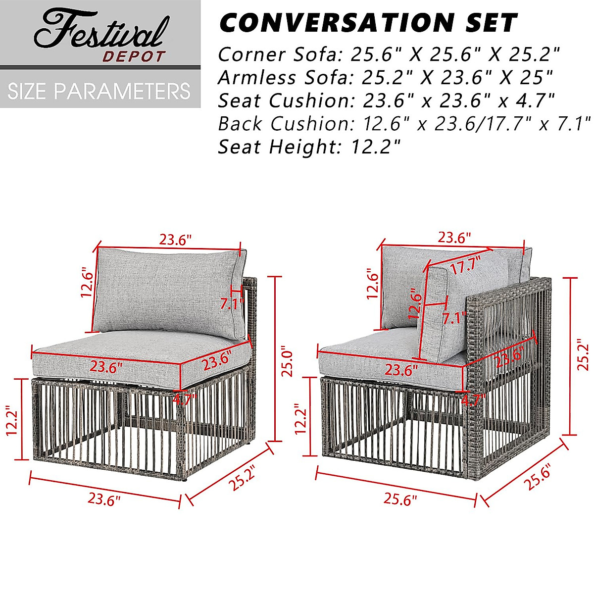 Festival Depot 3 Pieces Patio Conversation Set Sectional Corner Sofa Combination Outdoor Furniture All-Weather Wicker Metal Armless Chairs with Seating Back Cushions Garden Deck Poolside (Grey)