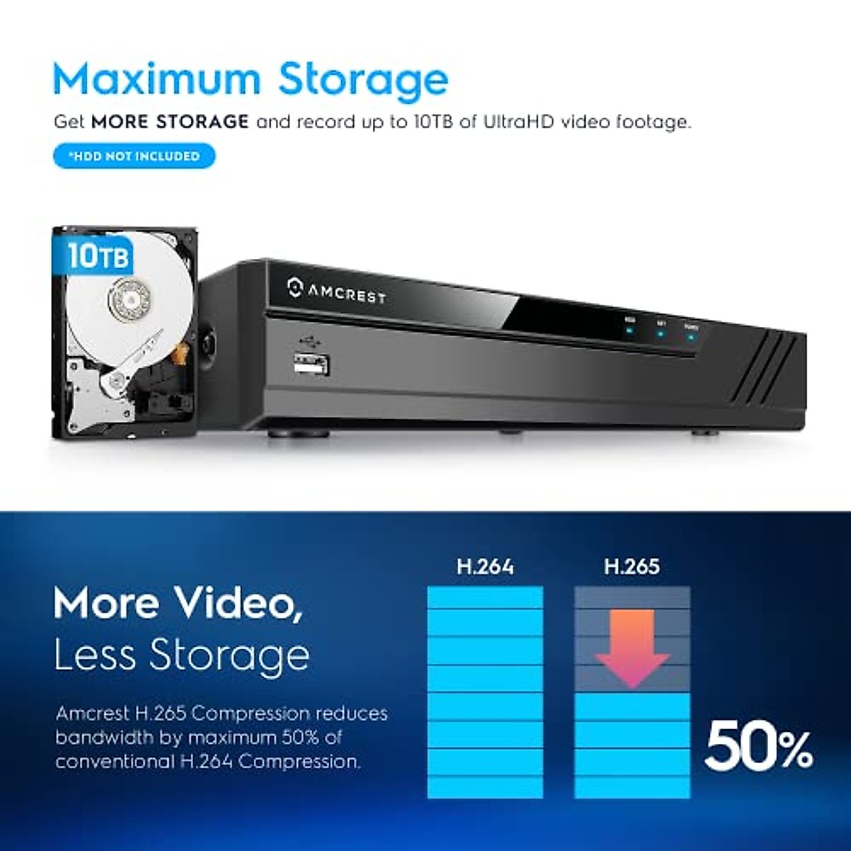 Amcrest NV4108E-A2 4K 8CH POE NVR (1080p/3MP/4MP/5MP/8MP) POE Network Video Recorder - Supports up to 8 x 8MP/4K IP Cameras, 8-Channel Power Over Ethernet Supports up to 10TB HDD (Not Included)