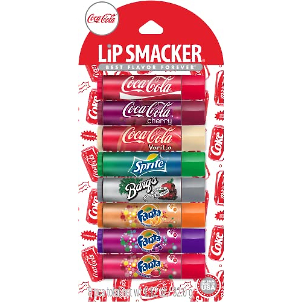 Lip Smacker Coca-Cola Flavored Lip Balm, 8 Count, Flavors Coke, Cherry Coke, Vanilla Coke, Sprite, Root Beer, Orange Fanta, Grape Fanta, Strawberry Fanta