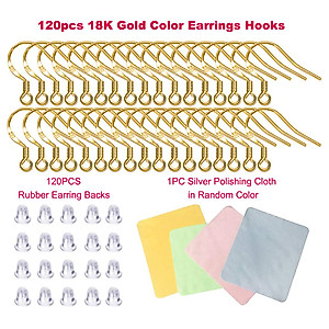 Gold Fishhook Earring Hooks - 120 PCS/60 Pairs 18K Gold Hypoallergenic Ear Wires Fish Hooks for Jewelry Making, Jewelry Findings Parts with 120 PCS Rubber Earring Backs Stopper for DIY Earrings