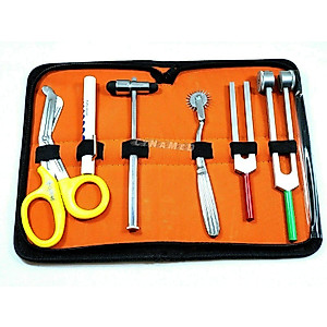 Student Diagnostic Kit- Reflex Hammer & Tuning Fork Set C 128 And C 512 + Wartenberg Pinwheel Premium Steel Bandage Scissor 7.5” (Set Of 6 Reflex Buck Hammer Yellow Scissor Penligh)