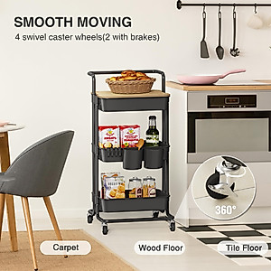 DTK 3 Tier Utility Rolling Storage Cart with Cover Board, Handle and Locking Wheels, 2 Small Baskets and 4 Hooks for Bathroom Office Balcony Living Room(Black)