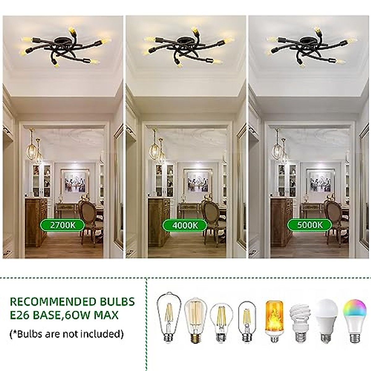 OUKAARY Industrial 6-Lights Semi Flush Mount Ceiling Light Fixture,Retro Black Metal Modern Sputnik Chandelier Ceiling Lamp, Mid Century Ceiling Lights with E26 Bulb Base for Farmhouse Kitchen,Room