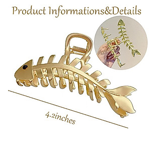 Gold Hair Jaw Claw Clips Fish Bone Shape 1PCS Large Metal Gold Fashion Nonslip Hairpin Catch Clip Accessories for Thick/Thin Hair HairStyling