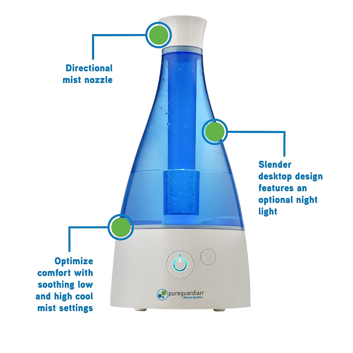 PureGuardian Ultrasonic Cool Mist Humidifier, 30 Hrs. Run Time, 0.5 Gal. Tank Capacity, 350 Sq. Ft. Coverage, Small Rooms, Quiet, Filter Free, Silver Clean Treated Tank, H940AR