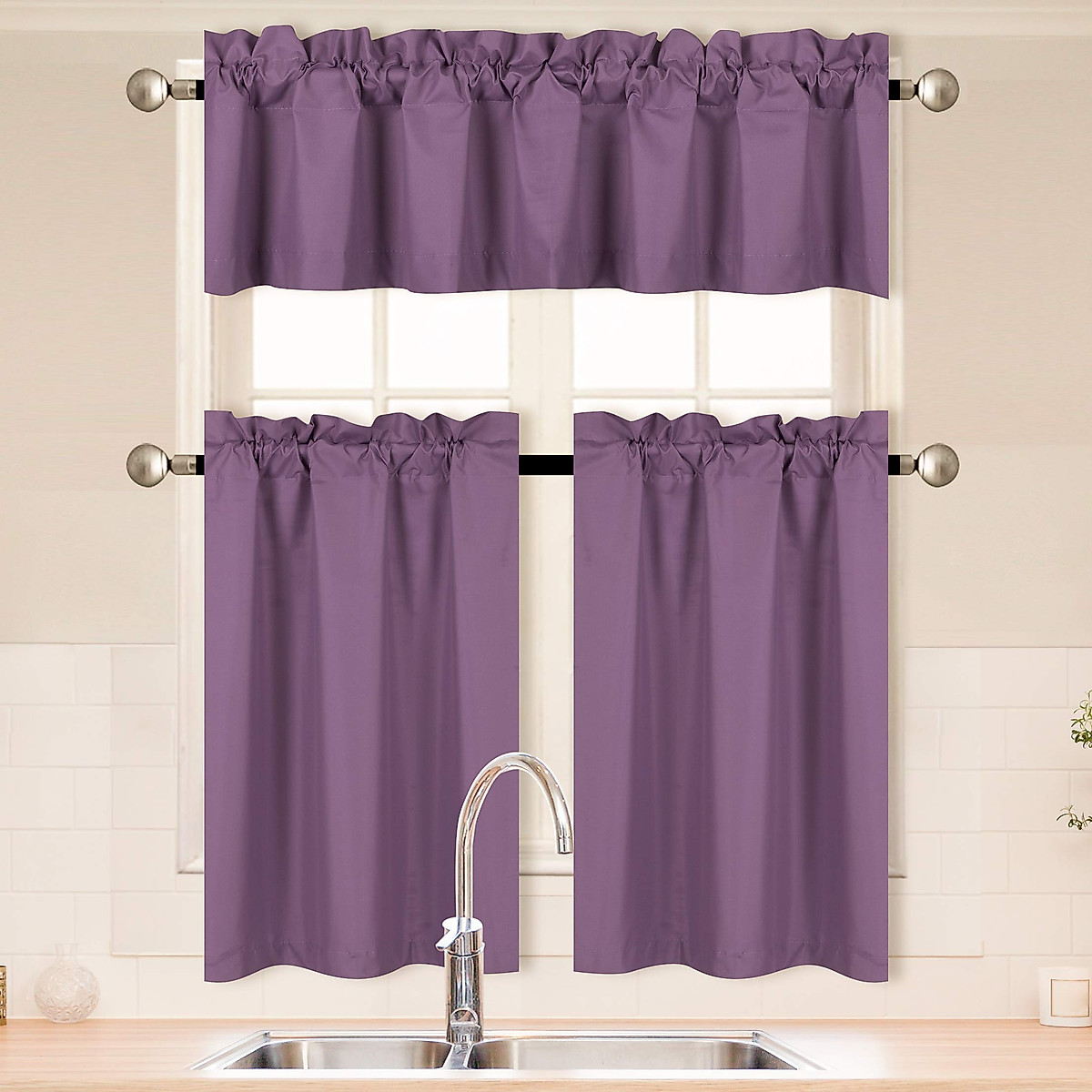 Better Home Style 3 Piece Solid Color 100% Blackout Kitchen Window Curtain Set with Tiers and Valance Solid Energy Efficient Thermal Room Darkening Drape Window Treatment # MKC (Purple)