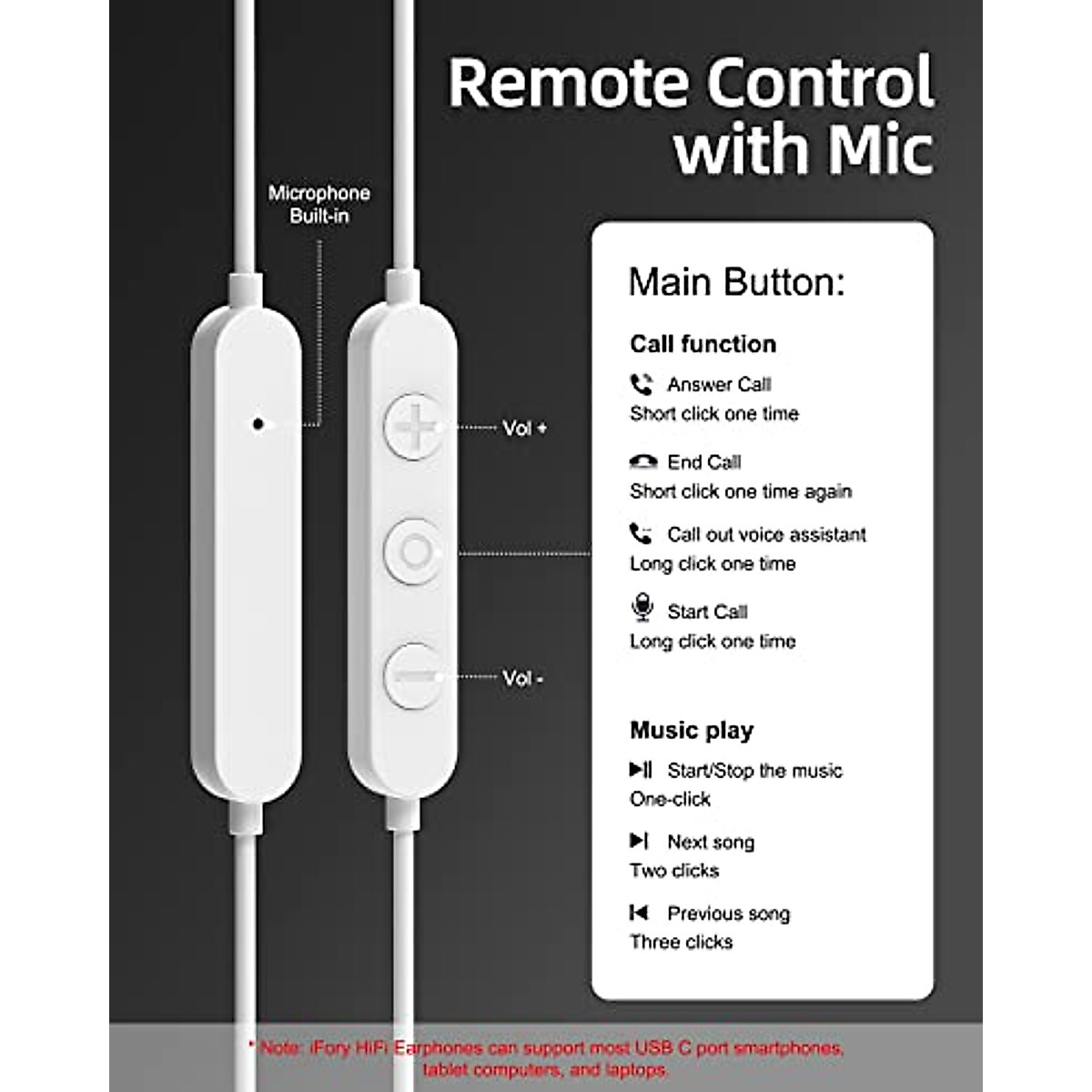 USB C Earphones, iFory HiFi Stereo Type C Earbuds Stereo in-Ear Earbud USB C Headphones with Mic and Volume Control Compatible with Google Pixel 3/2/XL, Sony XZ2, iPad Pro White