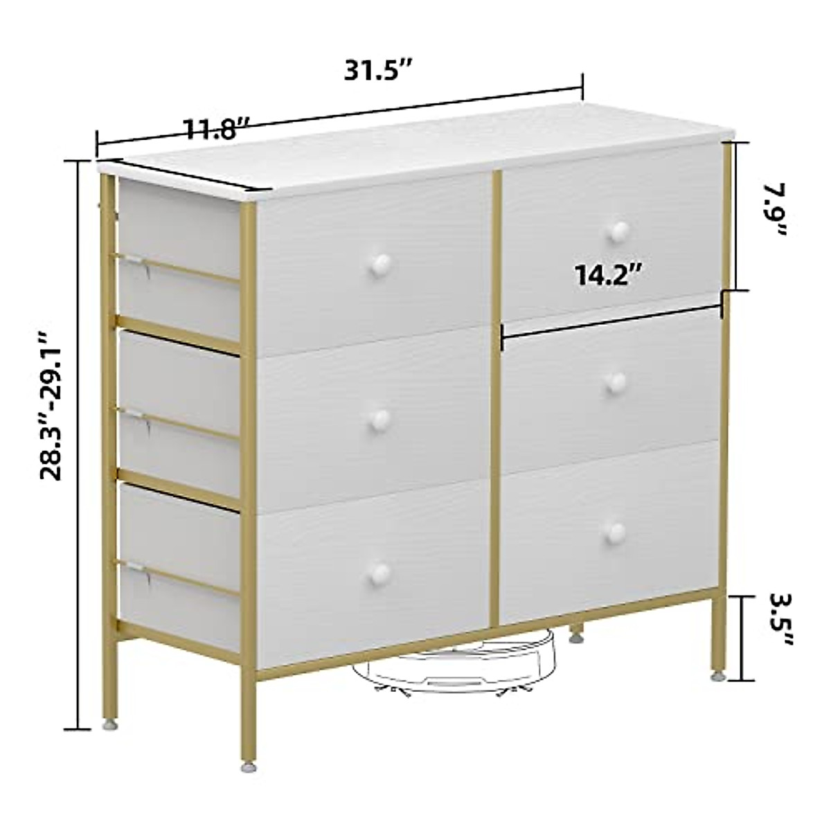 Visionwards White Dresser for Bedroom, Baby Dresser for Kids Bedroom, 6 Drawer Storage Chest,Fabric Storage Tower for Nursery Hallway Office, Wooden Top, White