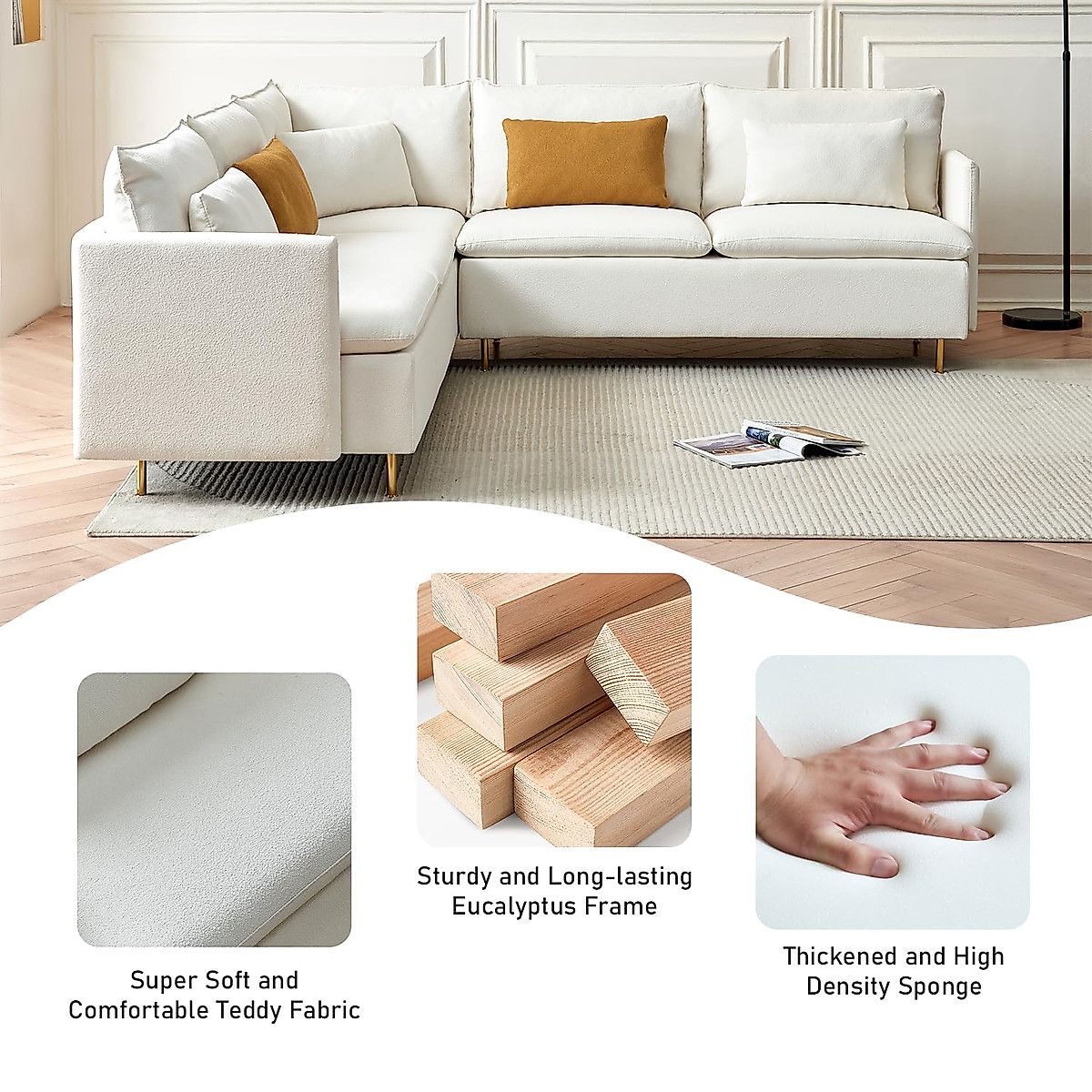 Pamag pieeoo L Shaped Sectional Couch Sofa, 5 Seat Sofas with 5 Waist Pillow, Mid Century Modern Sectional Couches for Living Room, Small Apartments and Office (Beige)