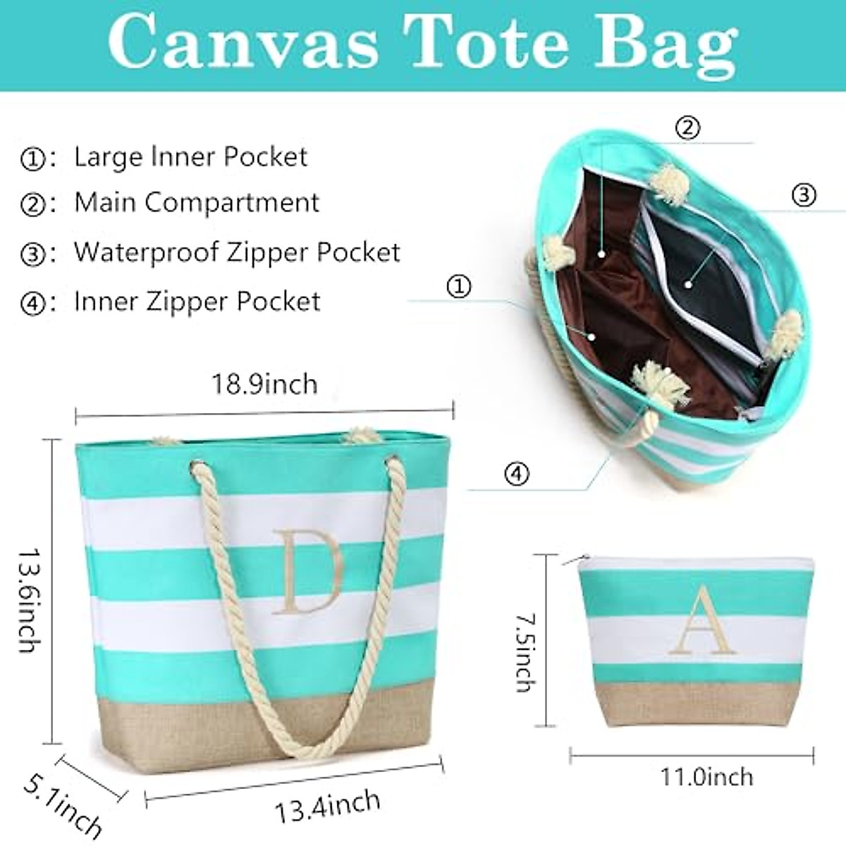 YOOLIFE Mothers Day Gifts - Gifts for Mom, Mom Gifts, Personalized Mom Birthday Gifts, Mother In Law Gifts, New Mom Gifts, Mothers Day Gifts for Daughter Wife Grandma, Initial Beach Bag Travel Bag M