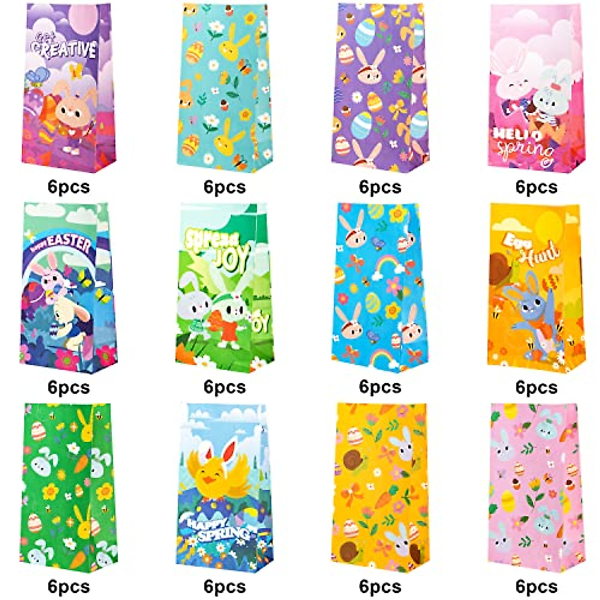 JOYIN 72 Pcs Easter Goodie Paper Bags, Flat Bottom Candy Bags for Kids Eggs Hunt, Easter Party Supplies Treat Bags