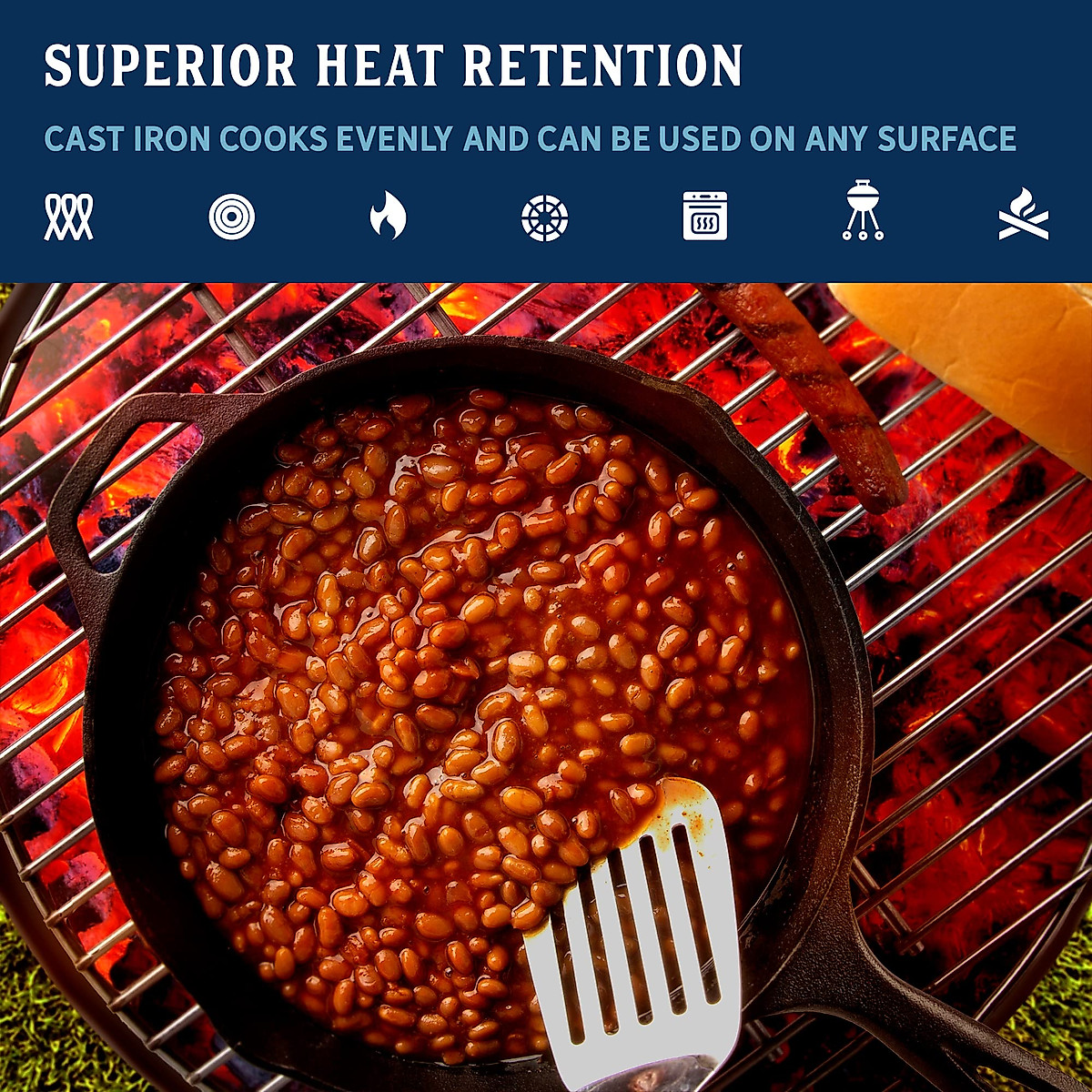 Country Living Pre-Seasoned Cast Iron Skillet, Oven Safe Frying Pan with Silcone Helper Handle, Durable Indoor and Outdoor Cookware, 10 Inch, Black