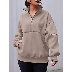 AUTOMET Womens Quarter Zip Oversized Sweatshirts Cute Long Sleeve Jackets Casual Hoodie for Teen Girls with Pockerts Beige