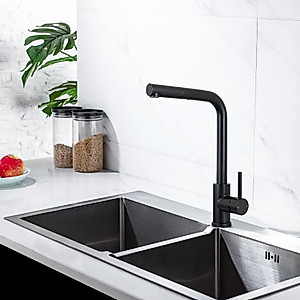 TRYWELL Kitchen Faucets with Pull Down Sprayer Stainless Steel Kitchen Sink Single Handle Utility Modern Black Kitchen Faucet and Deck Plate for Kitchen Bar Camper RV E-64-BK
