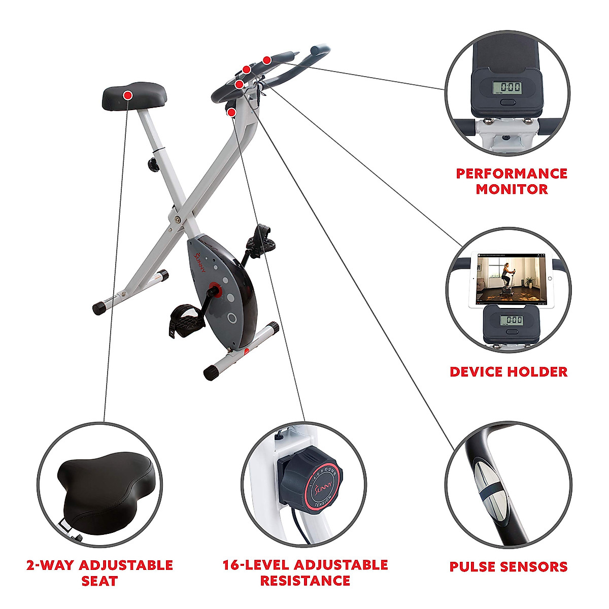 Sunny Health & Fitness Comfort XL Ultra Cushioned Seat Folding Exercise Bike with Device Holder, Gray - SF-B2989