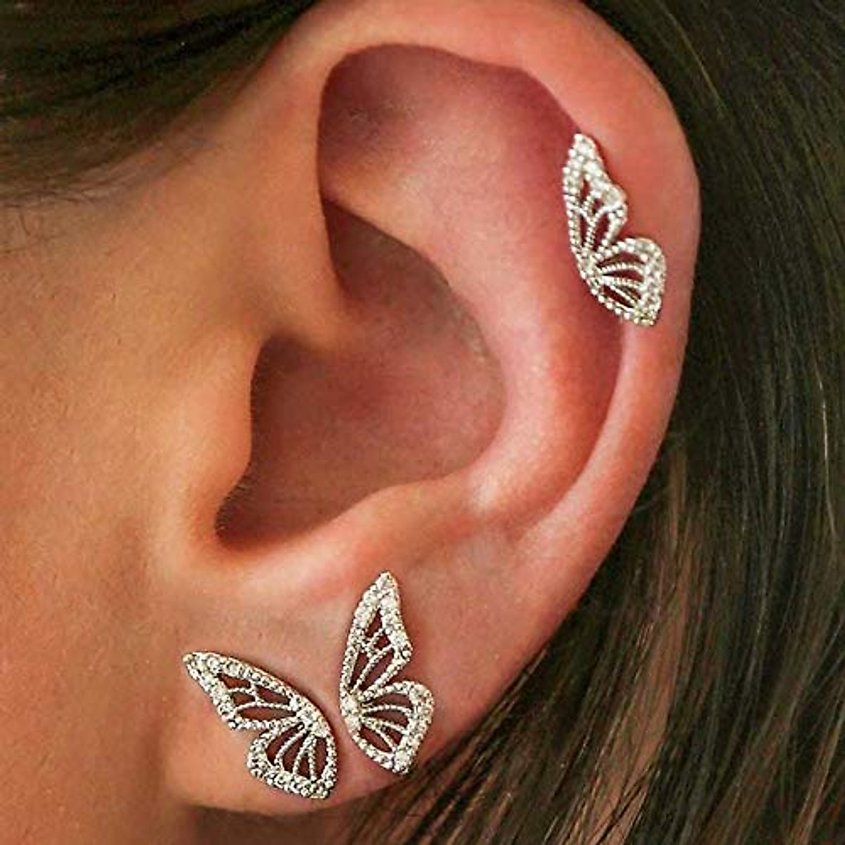 RMREWY Sterling Silver 925 Butterfly Earings Cubic Zirconia Stud Earrings Fashion Half Wings Design Butterfly Jewelry Gifts for Women