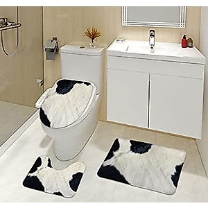 3 Pack Bath Mat Set, Cow Print Pattern Absorbent Memory Foam Soft Shower Bath Rugs Contour Mat and Lid Cover,Non Slip Velvet Bathrug,Shower Toilet Bathmats Carpet