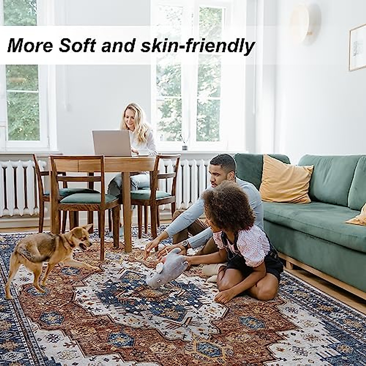 Washable Rug Living Room Rugs: 5x7 Area Rug Large Boho Medallion Distressed Carpets Indoor Soft Floor Anti Slip Carpet for Under Dining Table Bedroom Farmhouse Home Office - Blue/Orange Brown