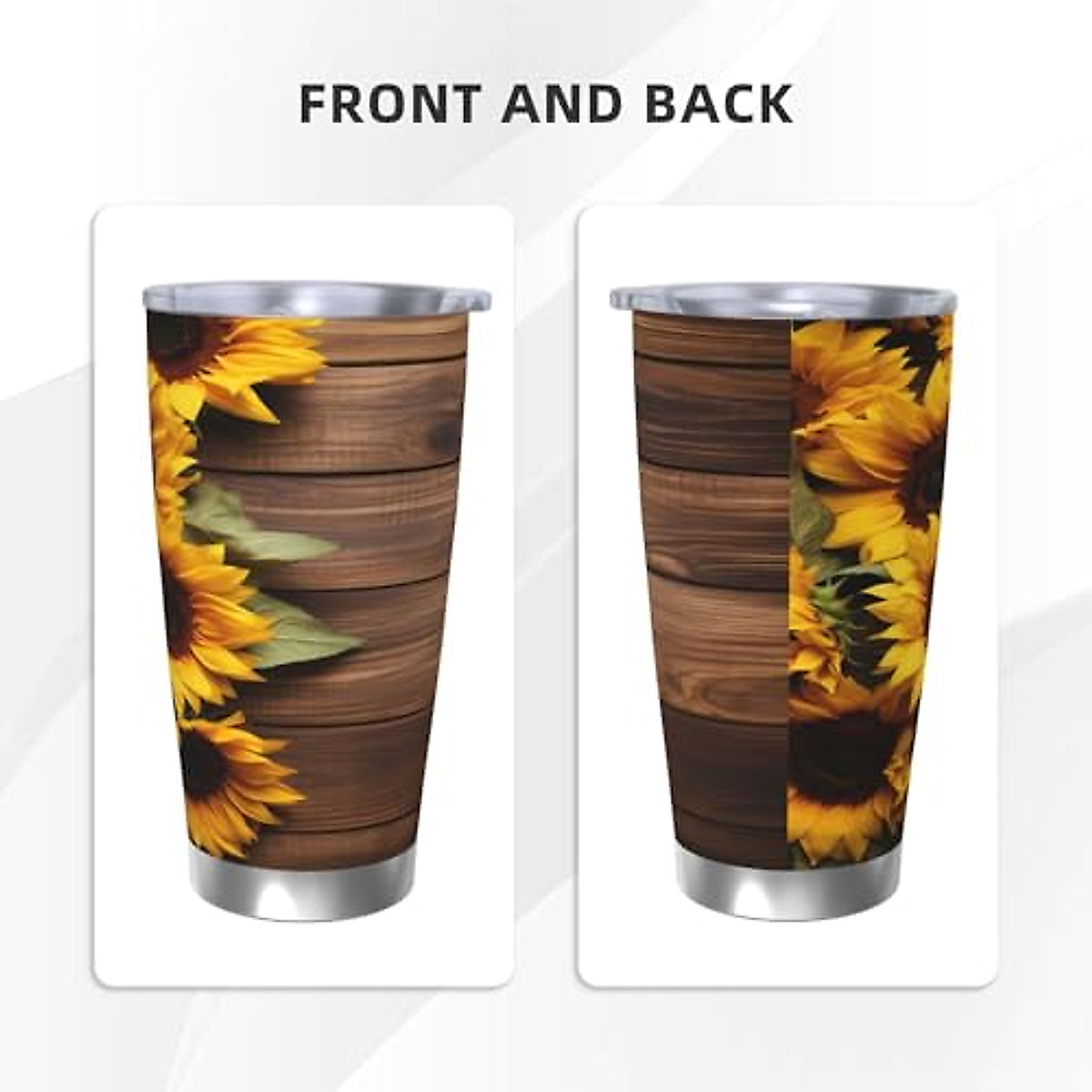 AYCZN Sunflower Wood Board 20 OZ Tumbler Stainless Steel Travel Coffee Mug, Vintage Insulated Water Bottle with Lid and 2 StrawsLeakproof Thermal Cup