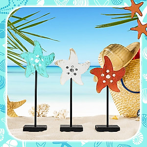 3 Pcs Summer Beach Tiered Tray Decor Starfish Table Decor Summer Wooden Table Signs Rustic Farmhouse Tabletop Centerpiece for Home Office Bedroom Table Shelf Desk