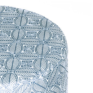 HomePop Upholstered Round Storage Ottoman Home Décor|Upholstered Round Foot Rest Ottoman -Blue Indigo Print Large