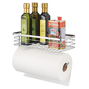 mDesign Steel Horizontal Wall Mount Paper Towel Holder with Basket Storage Organizer for Kitchen Countertop, Pantry, Cabinet, Cupboard - Holds Spices, Snacks, Drinks - Carson Collection - Chrome