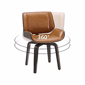 Art Leon Desk Chair No Wheels, Mid Century Modern Faux Leather Upholstered Swivel Accent Chair with Solid Wood Legs for Living Room Bedroom, Grey Oak Bentwood, Brown