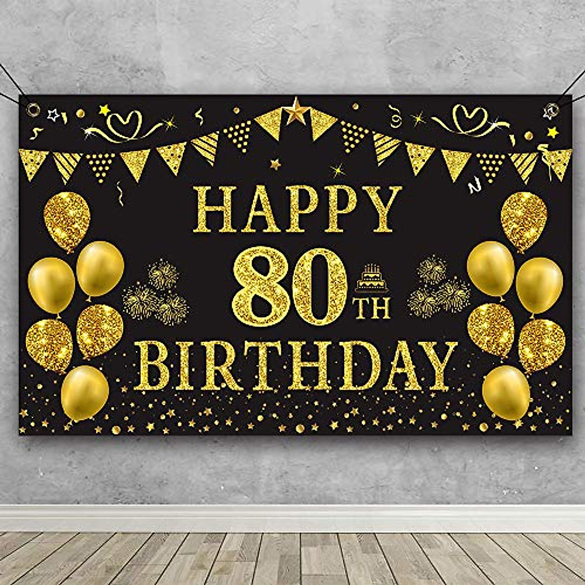 Trgowaul 80th Birthday Backdrop Gold and Black 5.9 X 3.6 Fts Happy Birthday Party Decorations Banner for Women Men Photography Supplies Background Happy Birthday Decoration