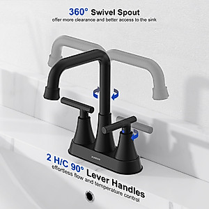 Matte Black Bathroom Sink Faucet, Hurran 4 inch Bathroom Faucets for Sink 3 Hole with Pop-up Drain and Supply Lines, Stainless Steel 2-Handle Centerset Faucet for Bathroom Sink Vanity RV Restroom