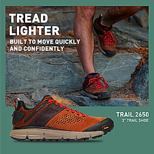 Danner Trail 2650 Hiking Shoes for Men - Durable Suede, Lightweight Textile with Breathable Mesh Lining, Ortholite Footbed, & Vibram Traction Outsole, Brown/Red - 10.5 D