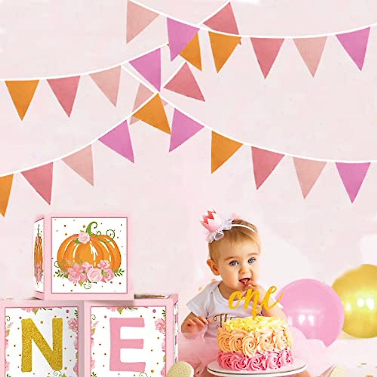 Zwiebeco 39Ft Orange Pink Fabric Bunting Banner Triangle Flags Party Decorations Hanging Cotton Garland Pennant for Engagement Wedding Baby Shower Birthday Festivals Nursery Home Outdoor Garden Decor