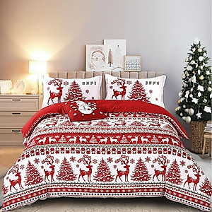 WONGS BEDDING Christmas Duvet Cover Set King 3 Pieces Red Deer Tree Snowflake Pattern Printed Bedding Comforter Cover with Zipper Closure for New Year Holidy,Soft Microfiber Set King Size 90"x 103"