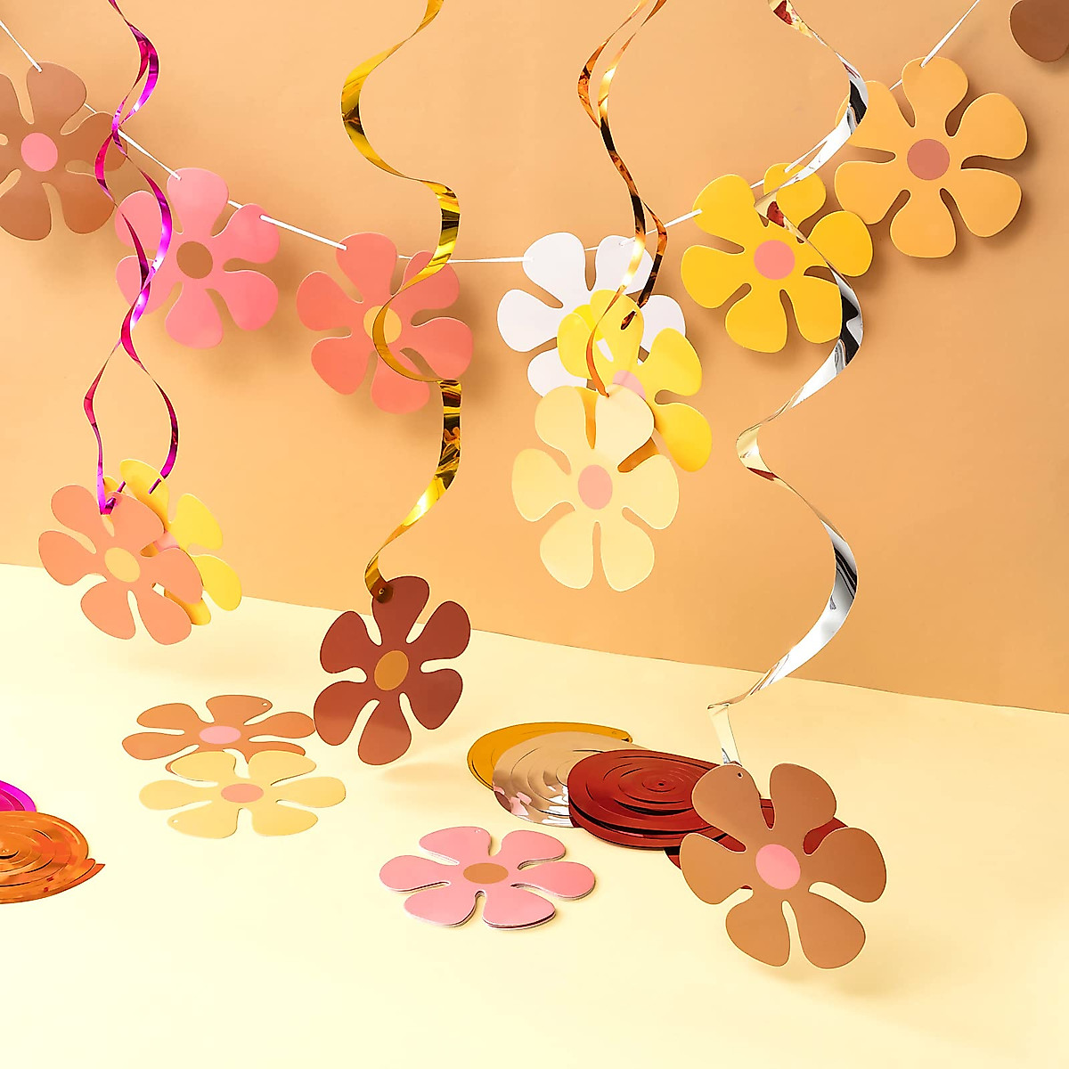 28 Pcs Boho Party Swirls Decor with 1 Pc Groovy Boho Garland Decor Flower Garland Decorations Daisy Garland Flower Banner Hippie Hanging Swirls Groovy Party Decorations for Retro Birthday Baby Shower