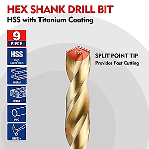 WORKPRO 9-Piece 1/4" Hex Shank Drill Bit Set, Titanium Plating HSS Drill Bits from 1/16" to 3/8" for Metal, Steel, Wood, PVC, Quick Change Design