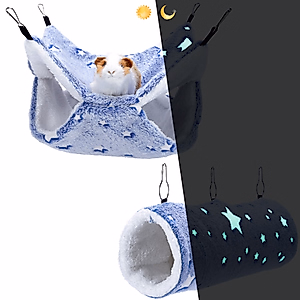 Filhome Guinea Pig Bed, Luminous Guinea Rat Ferret Hammock 2 Pcs Hanging Tunnel and Soft Bed Mat for Small Pet Chinchilla Gerbil Hedgehog Squirrel Hideout Cage Accessories (Bunkbed Hammock and Tunnel)