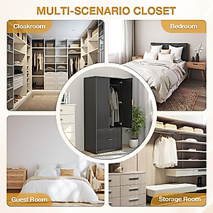 Wardrobe Closet with 2 Doors and 2 Drawers, 70"Clothing Storage Cabinets with Hanging Rod, Modern Wooden Armoire Wardrobe Closet with Gold Handles for Bedroom Armoires Laundry Room(Black)