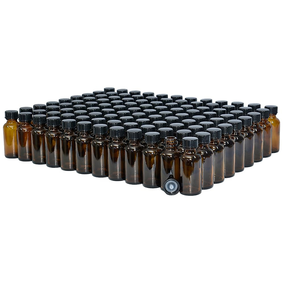GlassBottleOutlet (108 Pack) 1 oz. Amber Boston Round with Black Poly Cone Cap