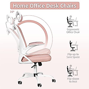 Dvenger Office Desk Chairs with Wheels and Flip up Arms Headrest, Executive Office Chairs Clearance, Height Adjustable Ergonomic Mesh Office Chair for Home Office, Pink