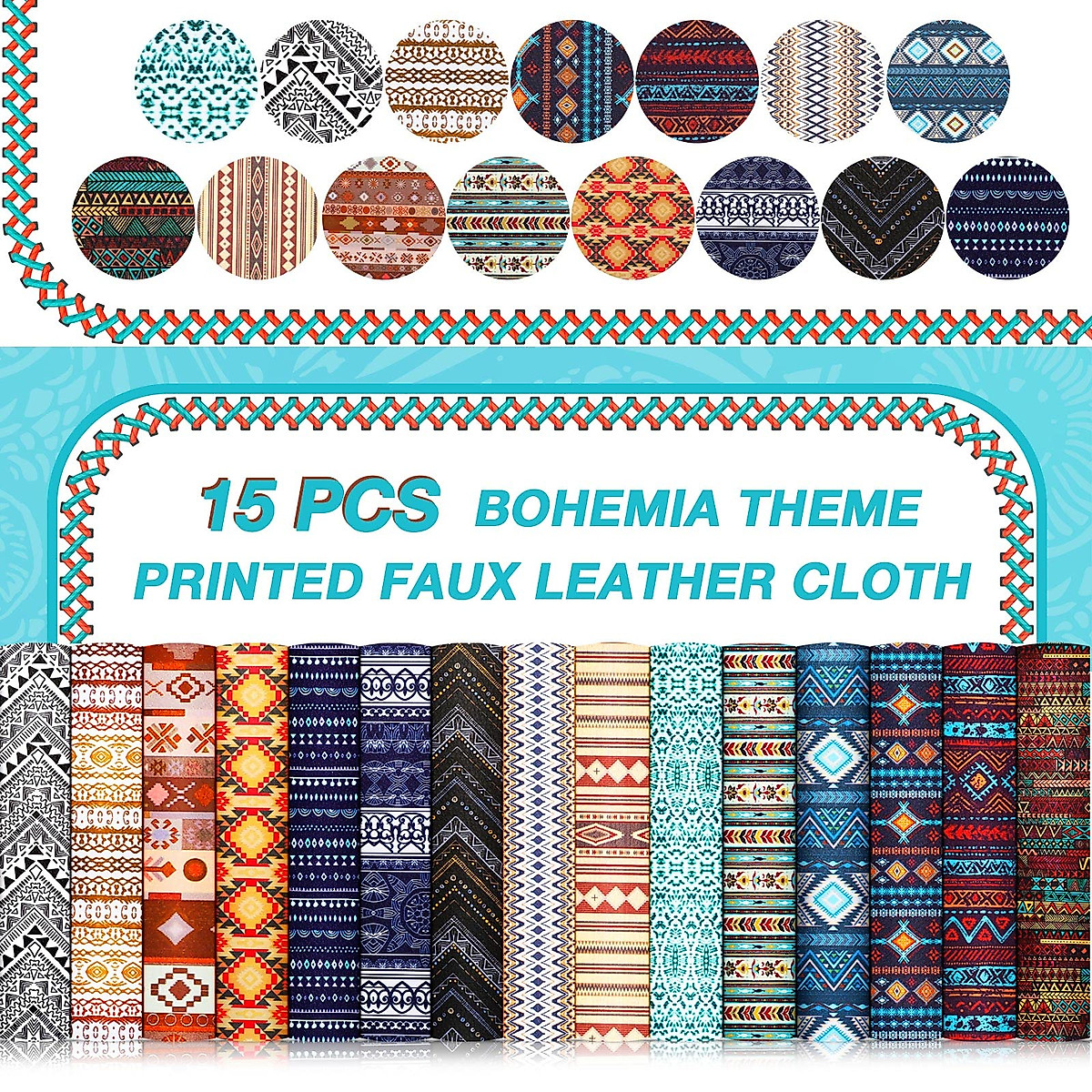 15 Set Serape Faux Leather Sheets Geometry Boho Pattern Faux Leather Patterned Sheets Striped Plaid Printed Leather Fabric for DIY Craft Making Earring Sewing Bags Hair Bows Supplies, 8.3 x 6.3 Inch