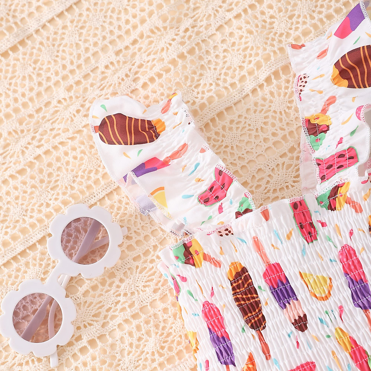 Girls Ice Cream Dress Sleeveless Toddler Summer Outfit Beach Tiered Smocked Sundress Kids Ruffle Dresses 6-7 Years