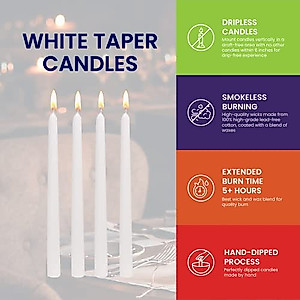 Exquizite White Taper Candles - 16 Pack Unscented Dripless Taper Candles 10 inch x 3/4 inch - Perfect Tapered Candles for Home, Centerpieces, Emergency Candle, Weddings, Parties and Special Occasions